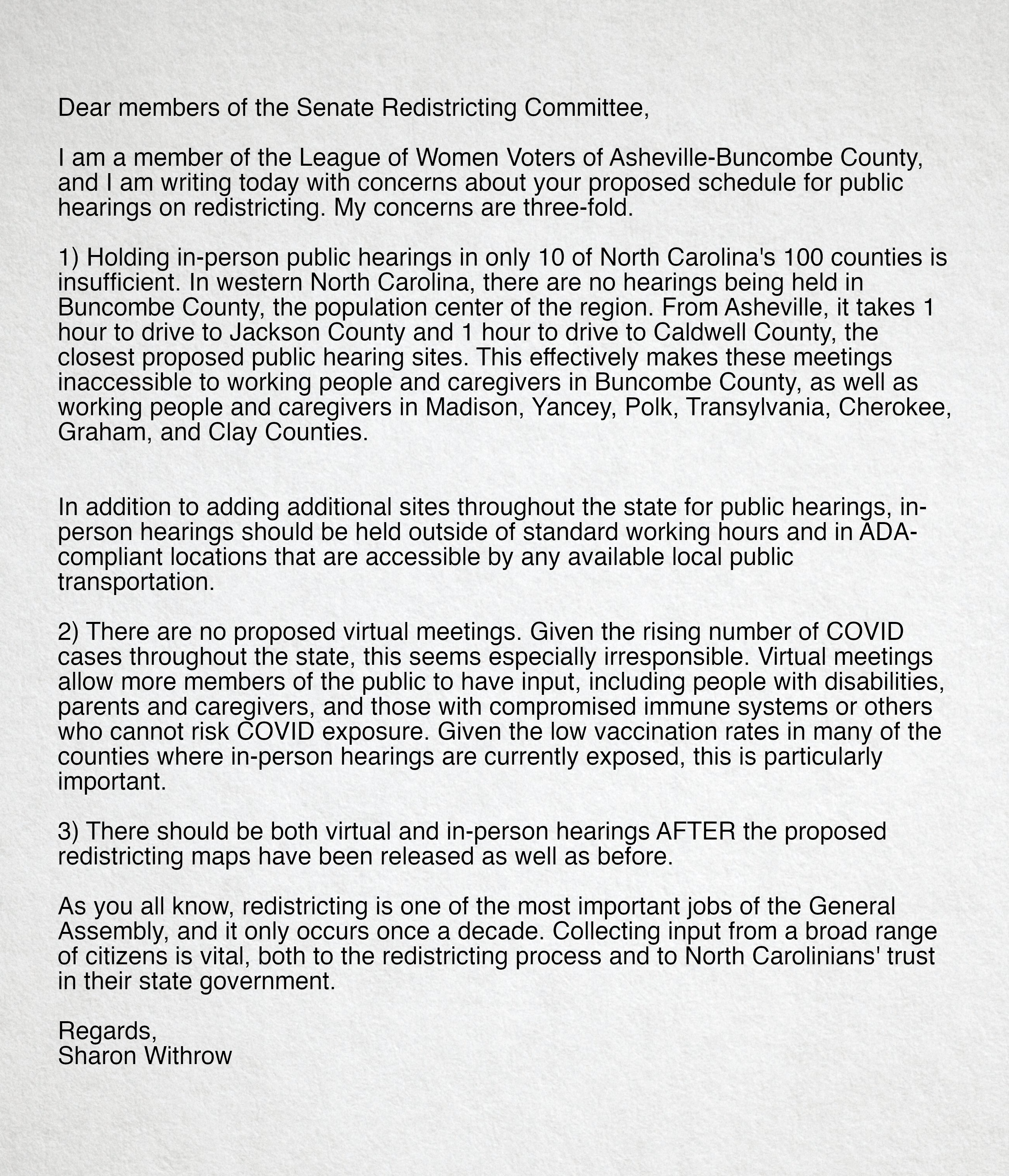 letter - League of Women Voters Asheville - Buncombe